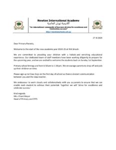 Primary Timings – Welcome Back 2024- 2025 – Newton Schools